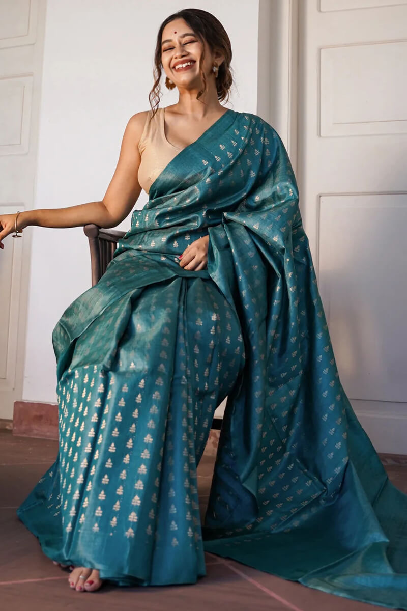 Embellished Rama Soft Silk Saree With Amazing Blouse Piece – Arvisaa