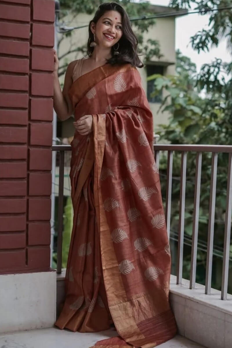 Spicy Brown Maheshawari Cotton Silk Saree – Arvisaa