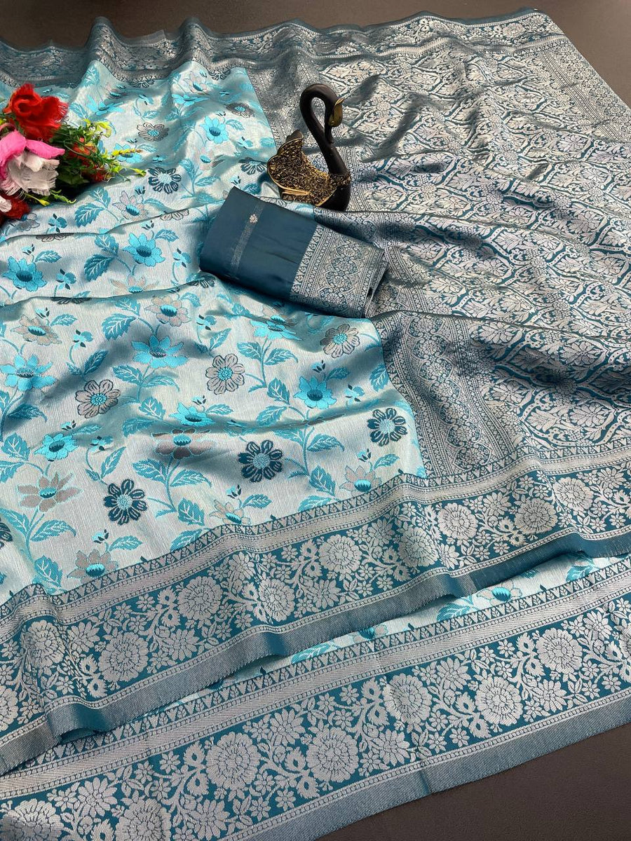 Desiring Sky Soft Banarasi Tissue Silk Saree With Precious Blouse Piec ...