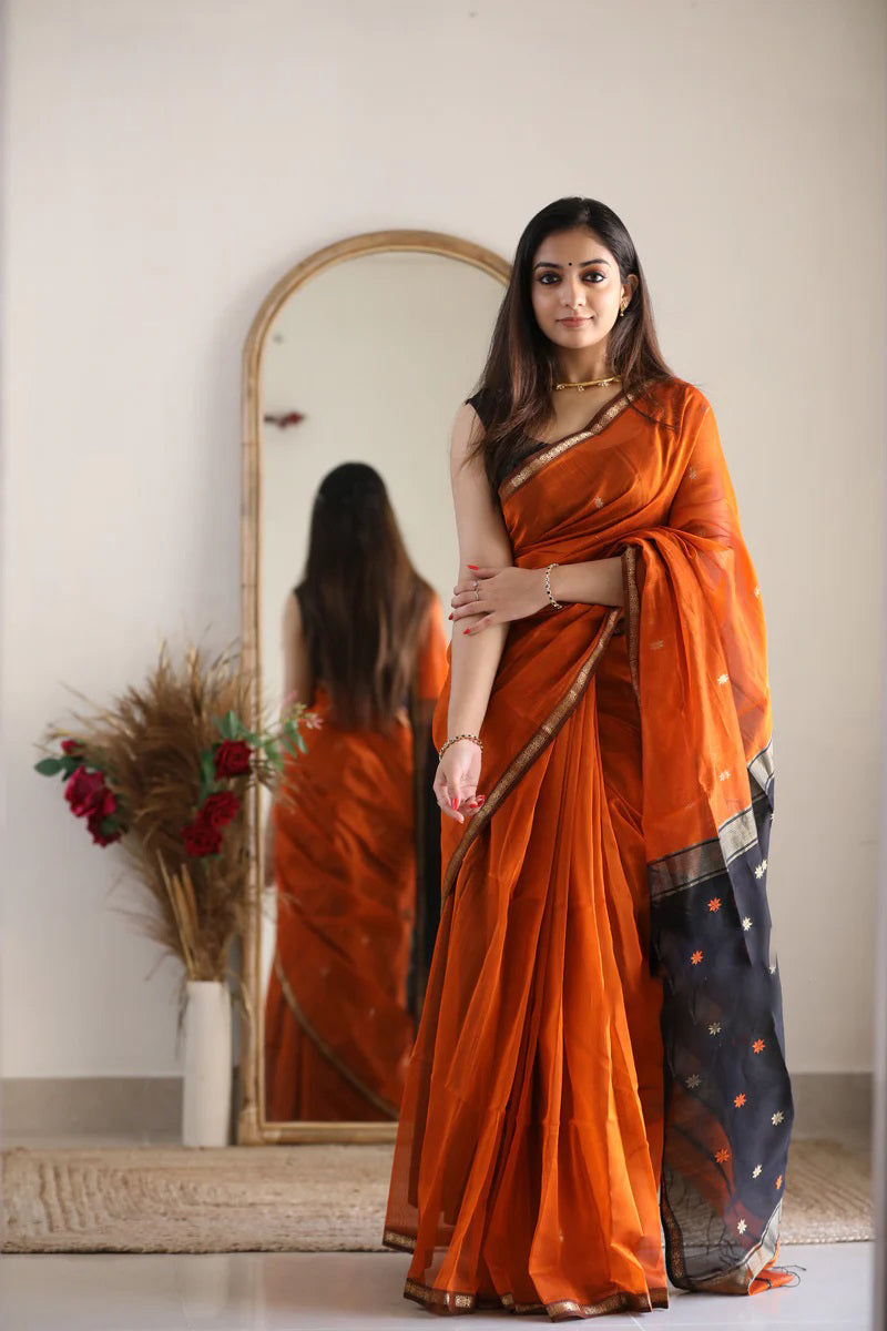 Rusty Orange Maheshawari Cotton Silk Saree – Arvisaa